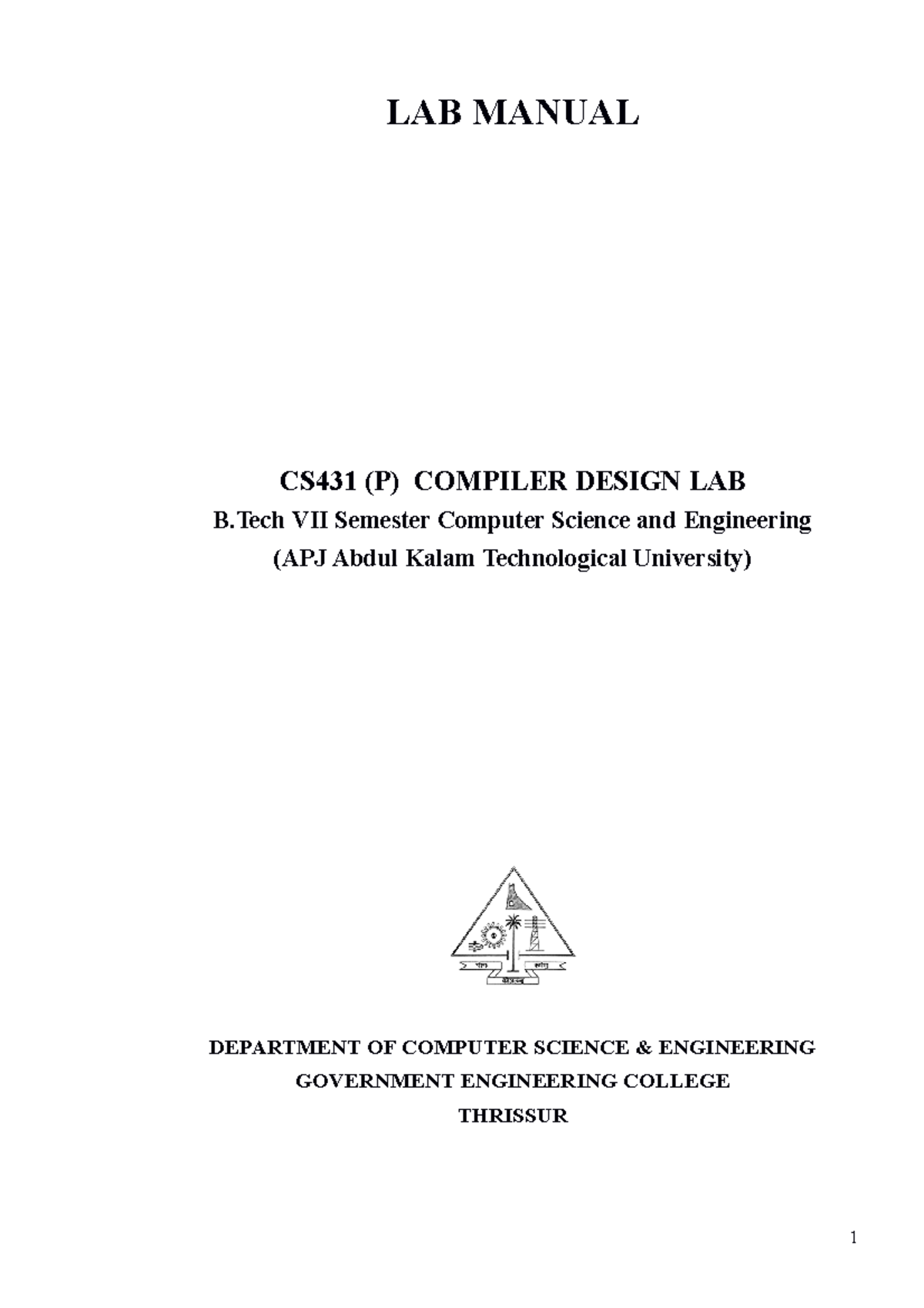 CS431 Compiler Design Lab Manual: A Guide for B.Tech Students - Studocu