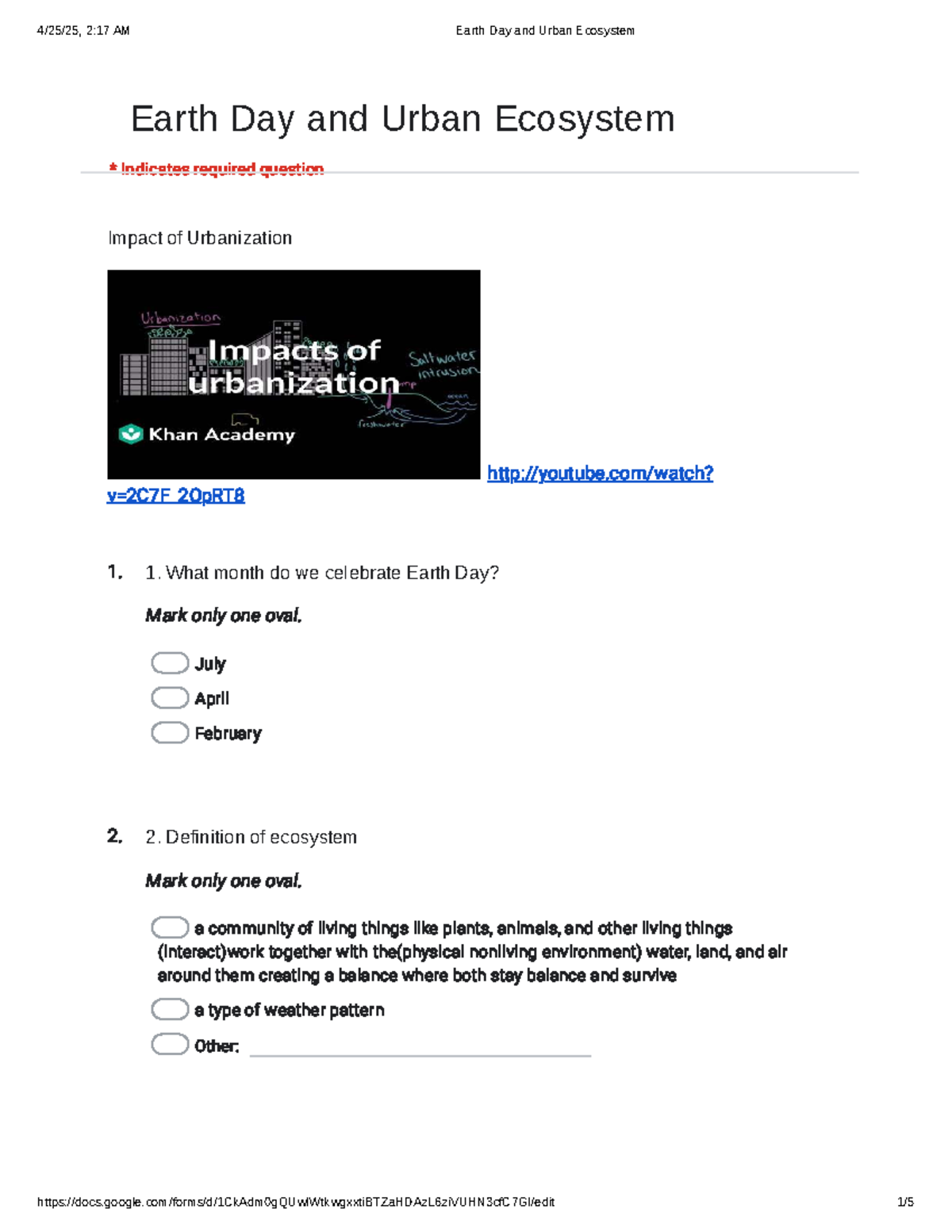 Earth Day and Urban Ecosystem Impact Assessment - Questionnaire ...