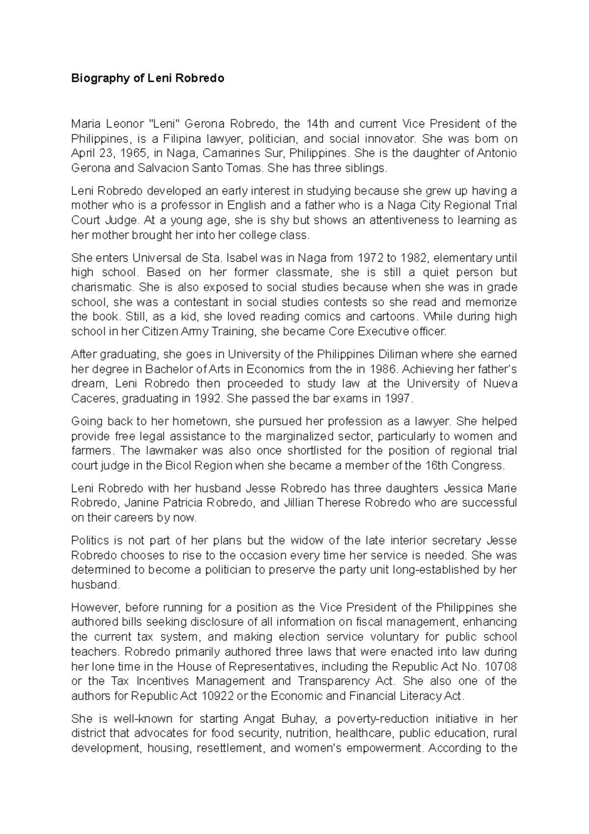 Leni Robredo: A Comprehensive Biography of the 14th VP of the PH - Studocu