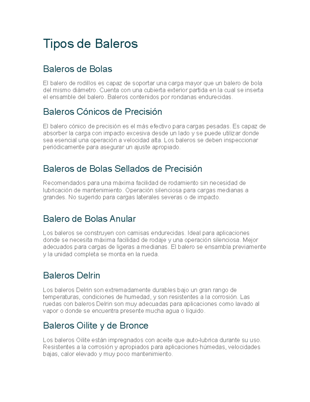 Tipos de Baleros: Características y Aplicaciones Prácticas - Studocu