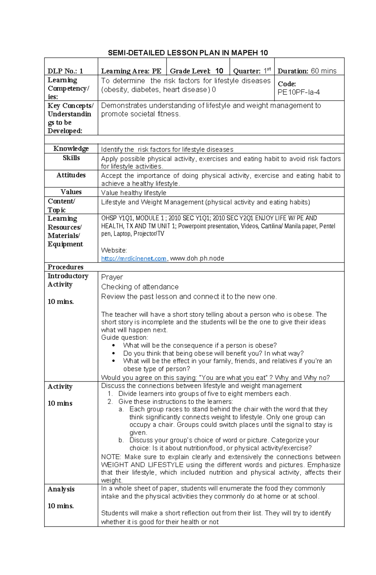 DLP No. 1: Lifestyle & Weight Management (PE10PF-Ia) 60-min Lesson Plan ...