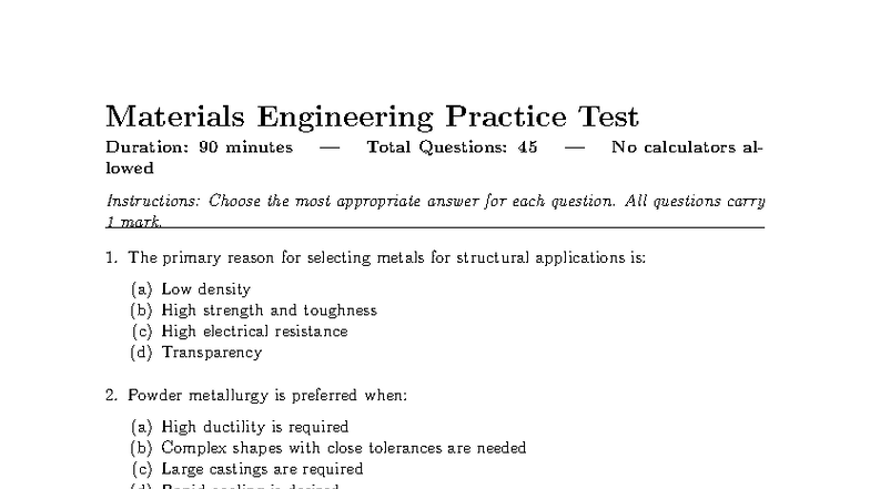 Materials Engineering Practice Test (Course Code: ME 101) - Studocu