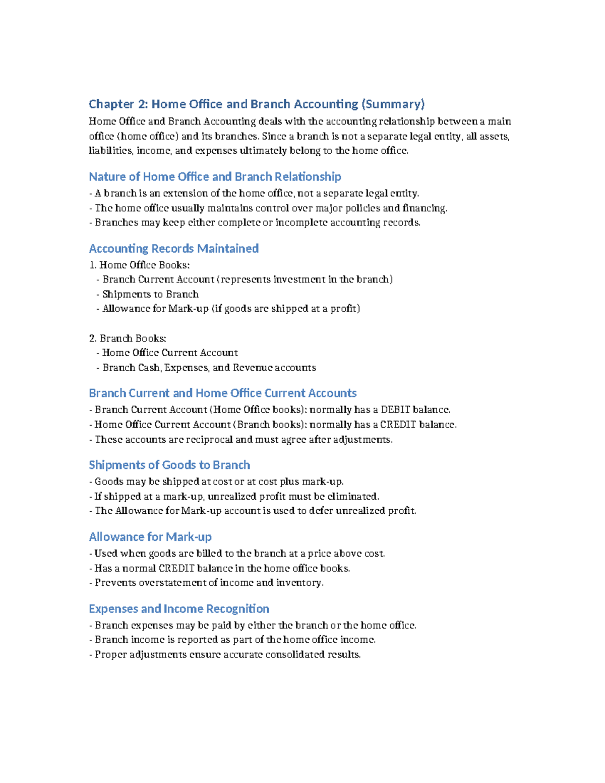 Chapter 2: Home Office & Branch Accounting Overview - Studocu