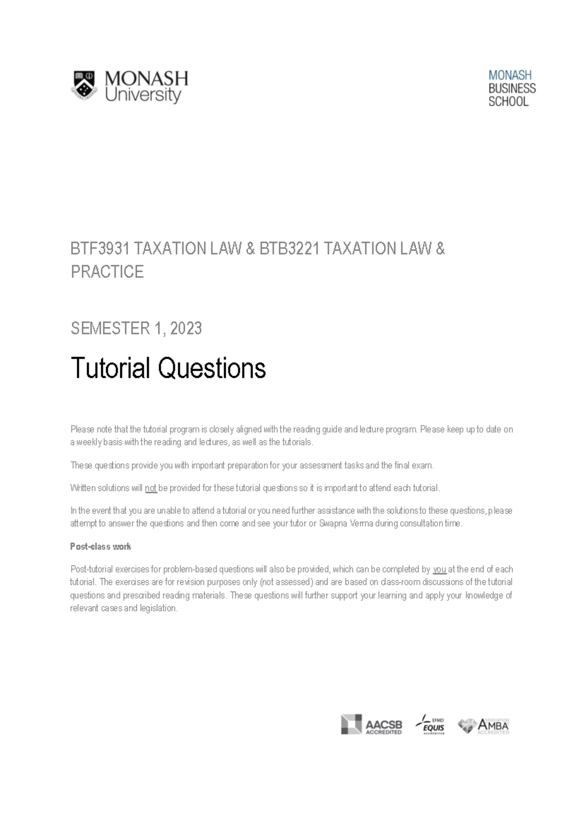 Tutorial questions all weeks - BTF3931 TAXATION LAW & BTB3221 TAXATION ...