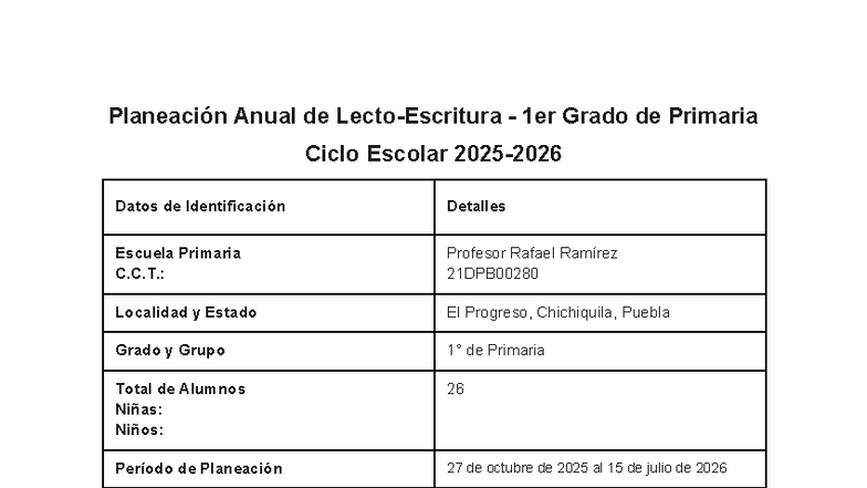 Planeación Anual de Lecto-Escritura 1er Grado Primaria 2025-2026 - Studocu