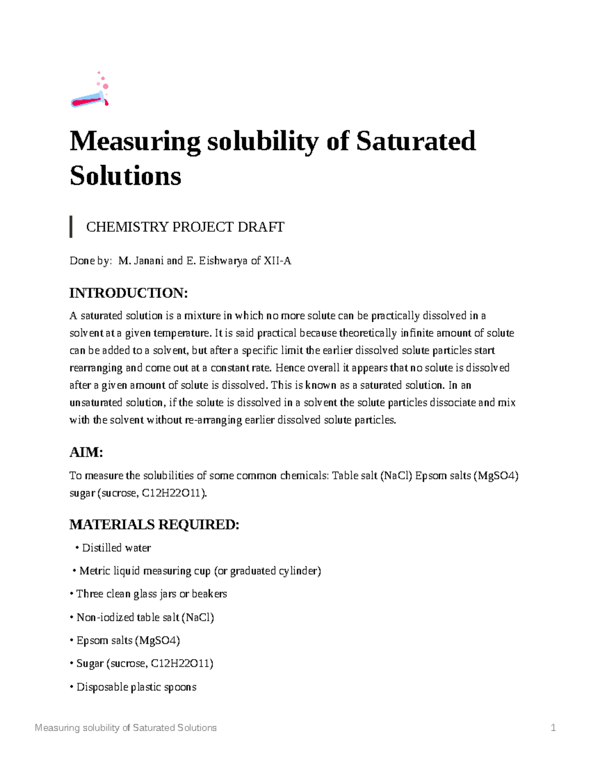 Measuring Solubility of Saturated Solutions - CHEMISTRY PROJECT - nvbn ...