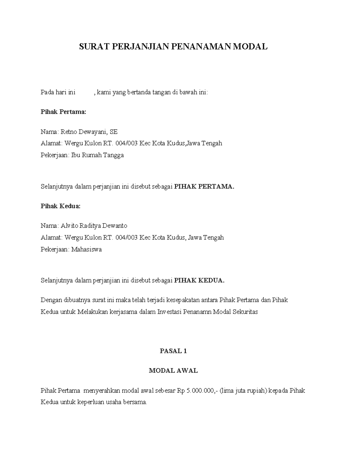 Surat Perjanjian Penanaman Modal Investasi Antara Pihak Pertama Dan
