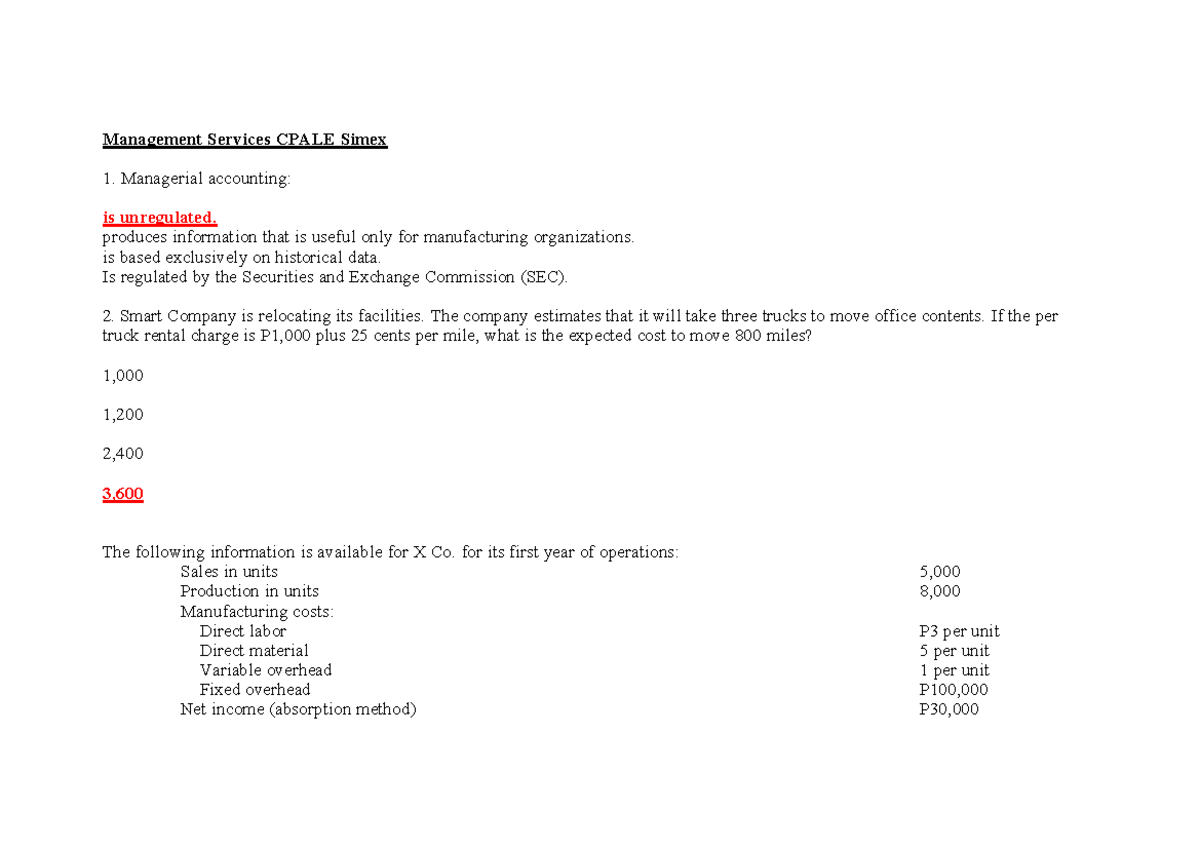 Management Services CPALE Final Exam Study Guide - Studocu