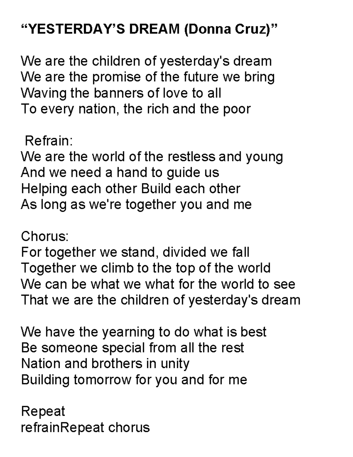 Yesterdays dream - SSCTGA - “YESTERDAY’S DREAM (Donna Cruz)” We are the children of yesterday's ...
