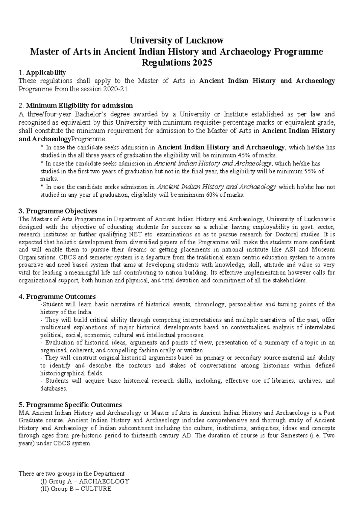 MA in Ancient Indian History & Archaeology Regulations 2025 - Studocu