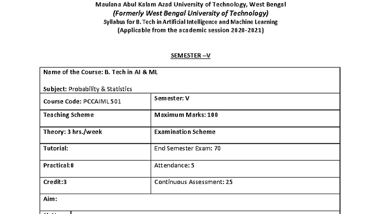Syllabus for B. Tech in AI & ML (PCCAIML 501) - Probability & Statistics - Studocu