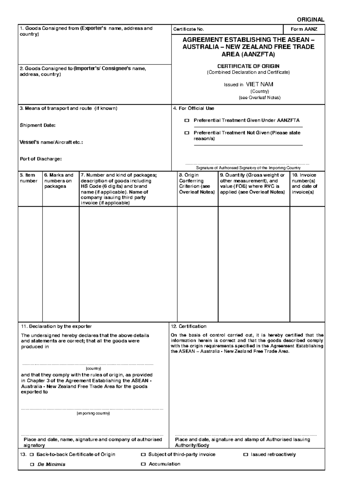 AANZFTA Certificate of Origin for Goods Consignment - Form AANZ - Studocu