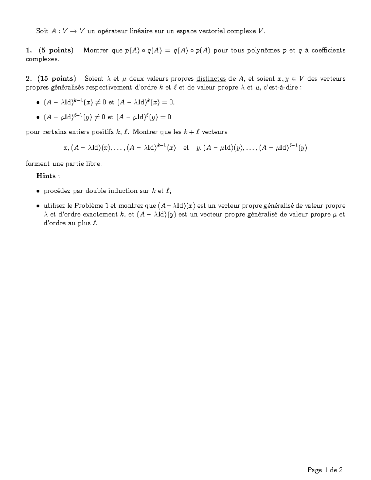 Mathf 102 - Opérateurs Linéaires et Espaces Vectoriels - Test - Studocu
