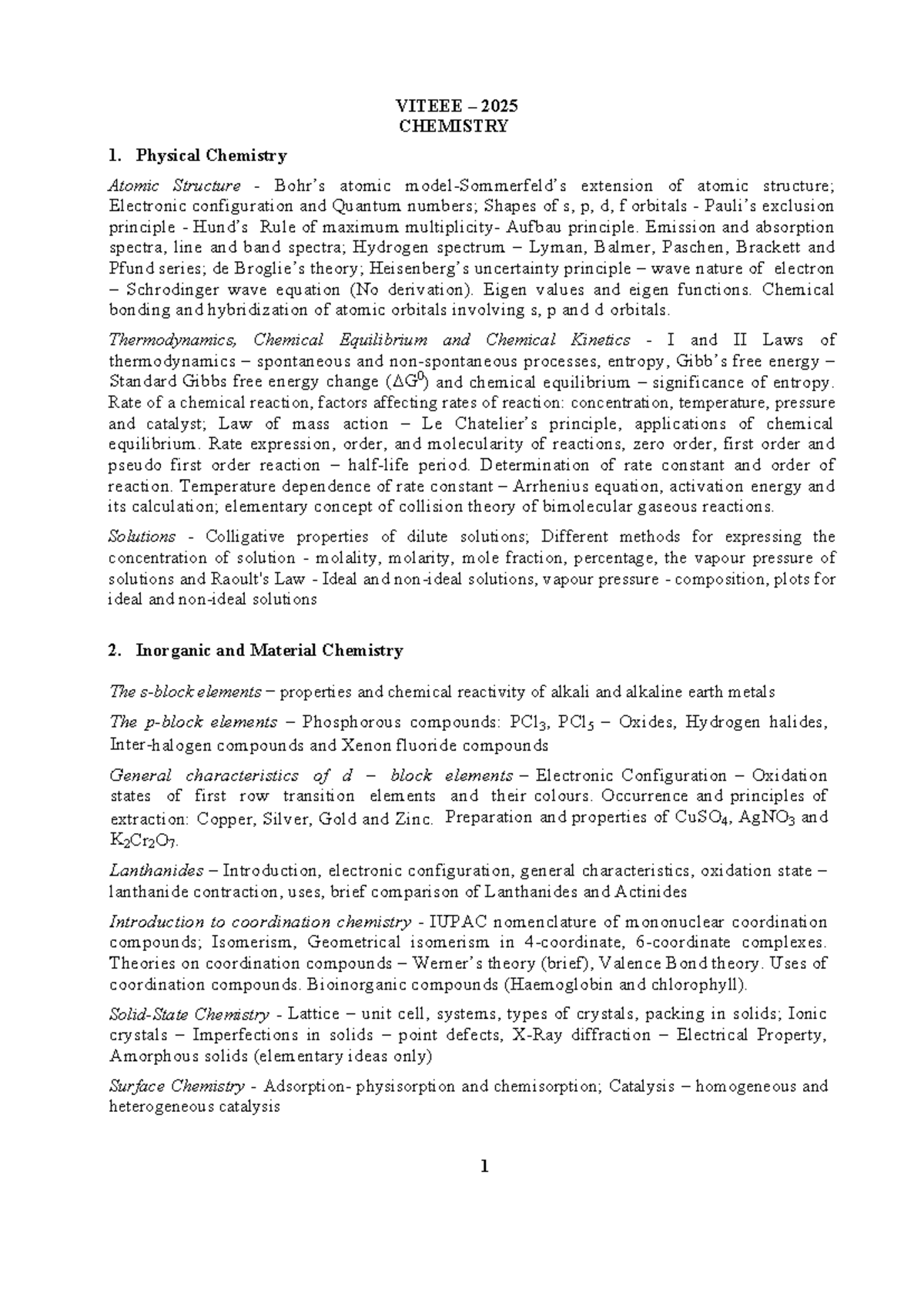 Chemistry VITEEE 2025 - Comprehensive Syllabus Overview - Studocu
