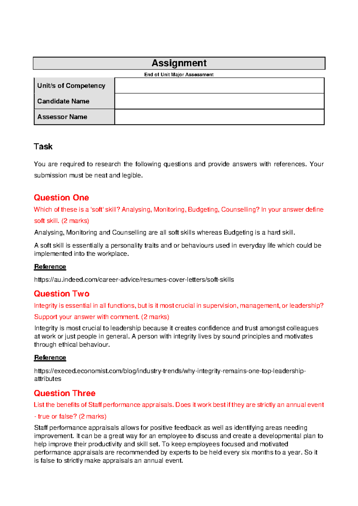 MEM22002 End of Unit Major Assessment Task Questions - Studocu