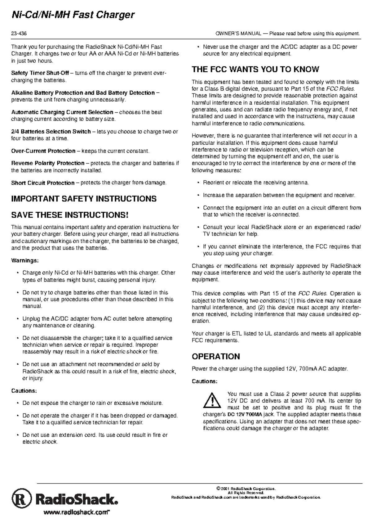 RadioShack Fast Charger User Manual: Important Safety Instructions ...