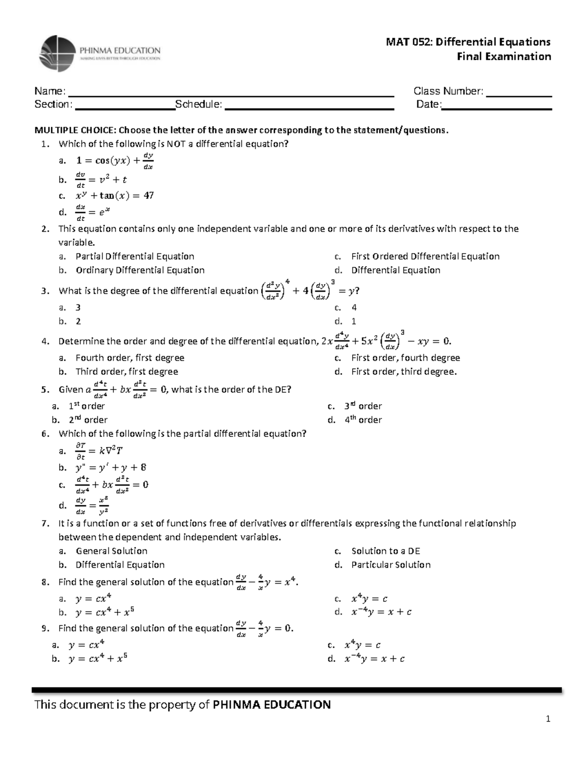 MAT 052: Differential Equations Final Exam Questions and Answers - Studocu