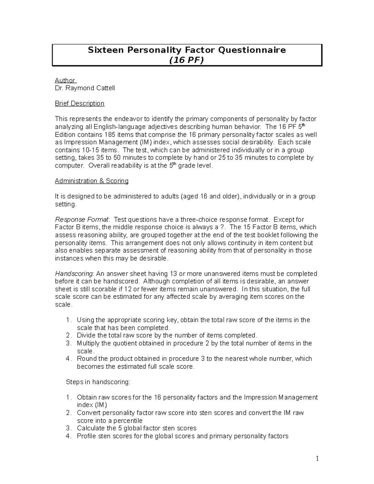 Sixteen Personality Factor Questionnaire (16 PF) - Sixteen Personality ...