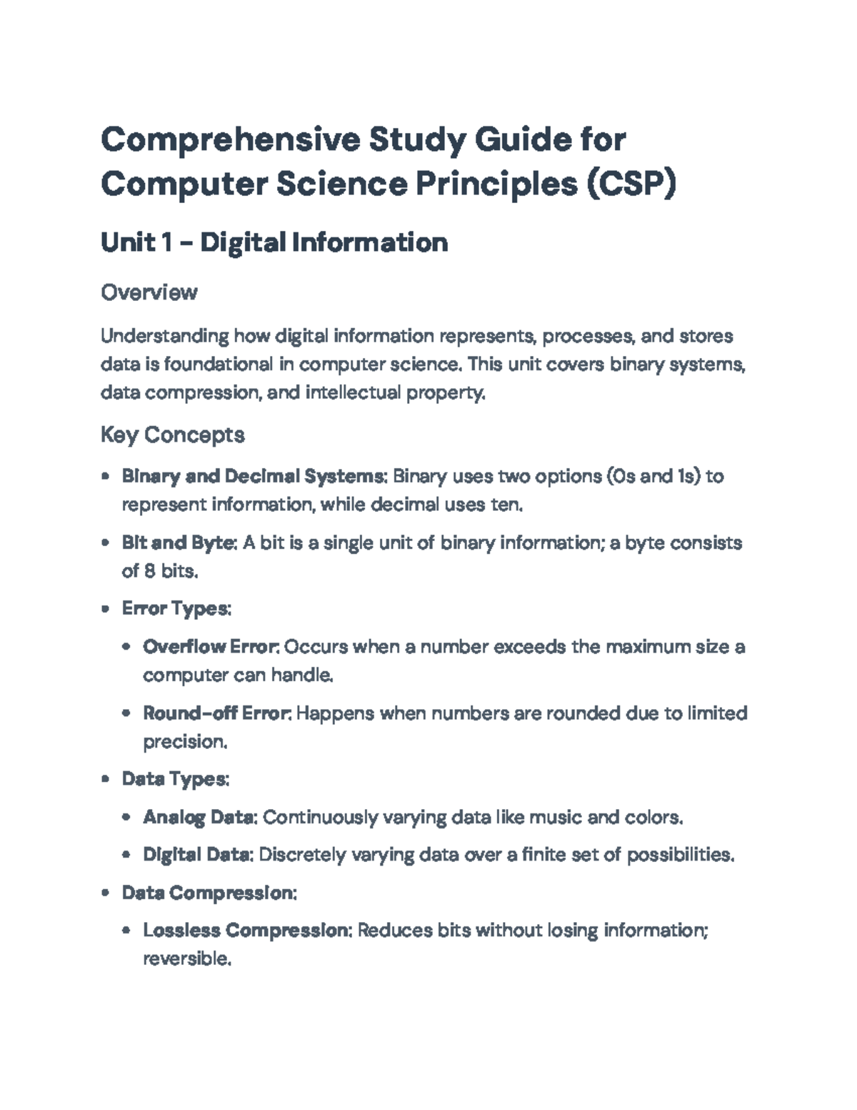 Comprehensive Study Guide for Computer Science Principles (CSP) Units 1 ...