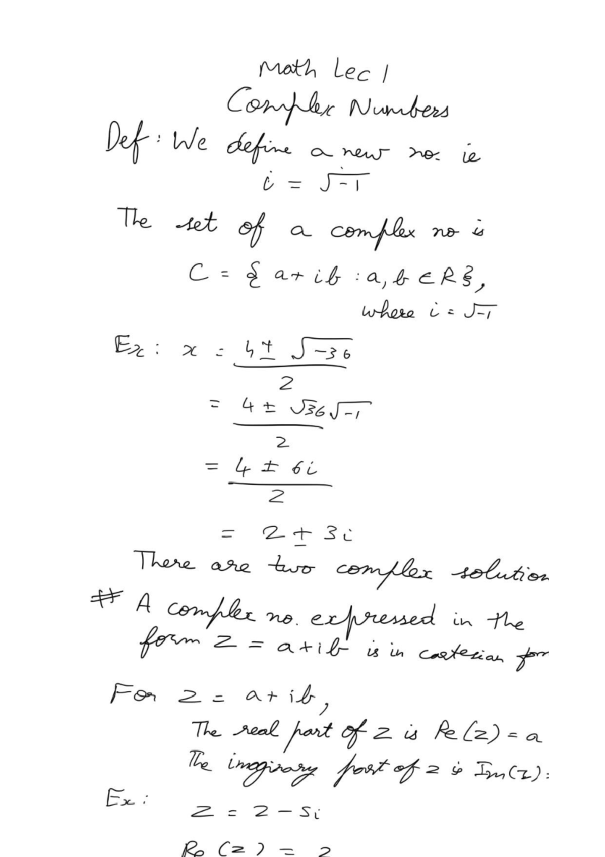 Math Lec 1: Introduction to Complex Numbers and Their Properties - Studocu