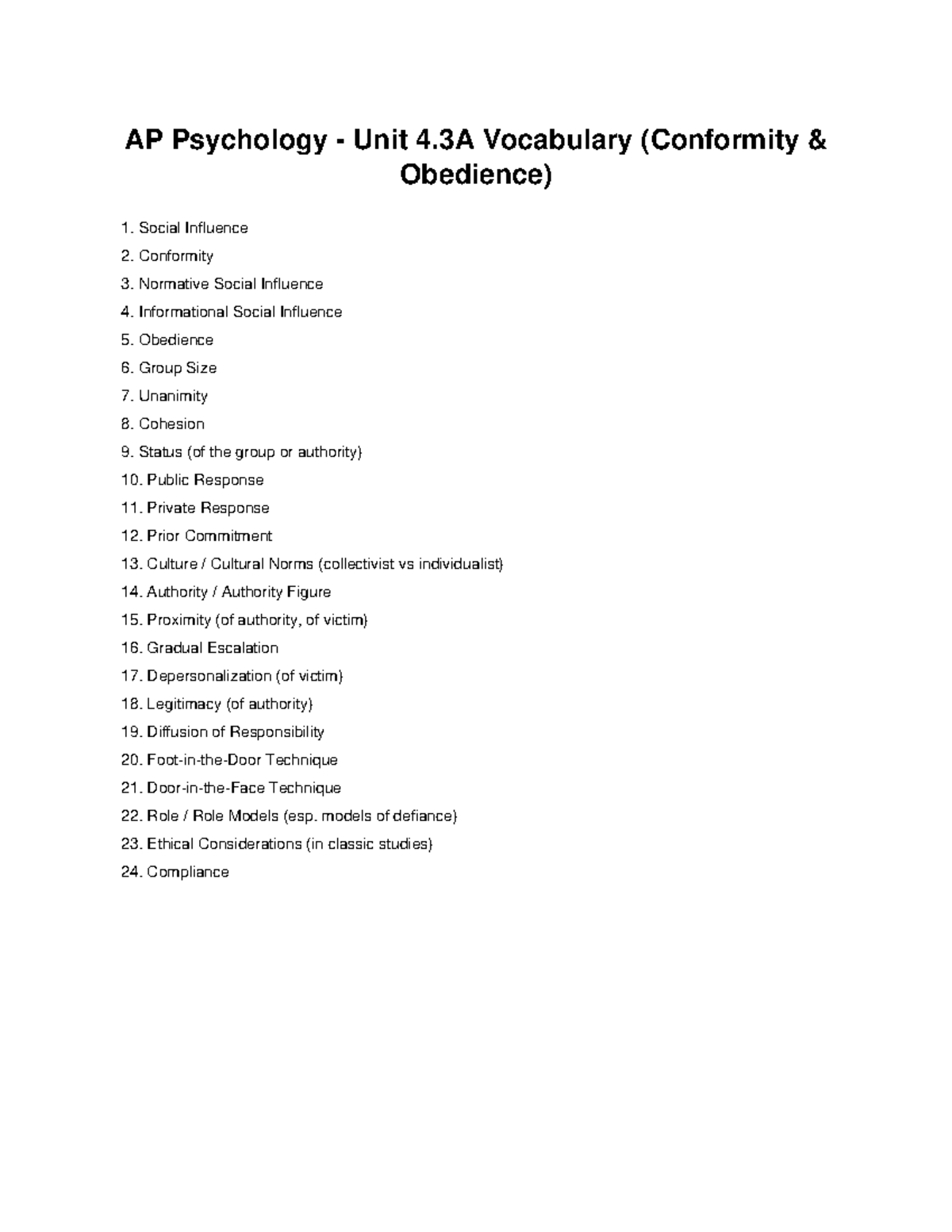 AP Psych 4 - Practice - AP Psychology - Unit 4 Vocabulary (Conformity ...