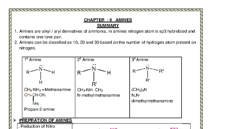 Amines - Summarized notes - CHAPTER : 9 AMINES SUMMARY Amines are alkyl ...