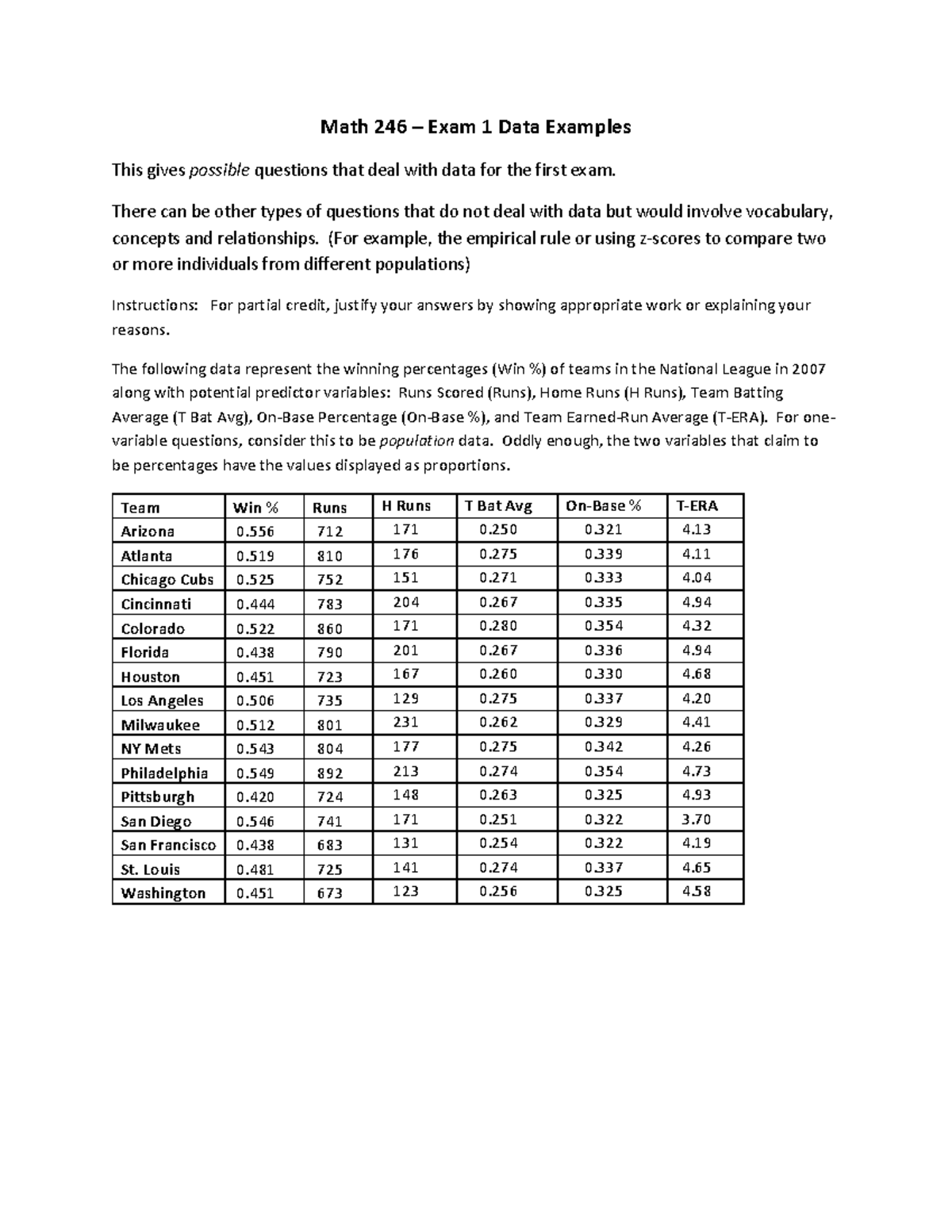 Math 246 – Exam 1 Data Examples & Predictions on Wins - Studocu