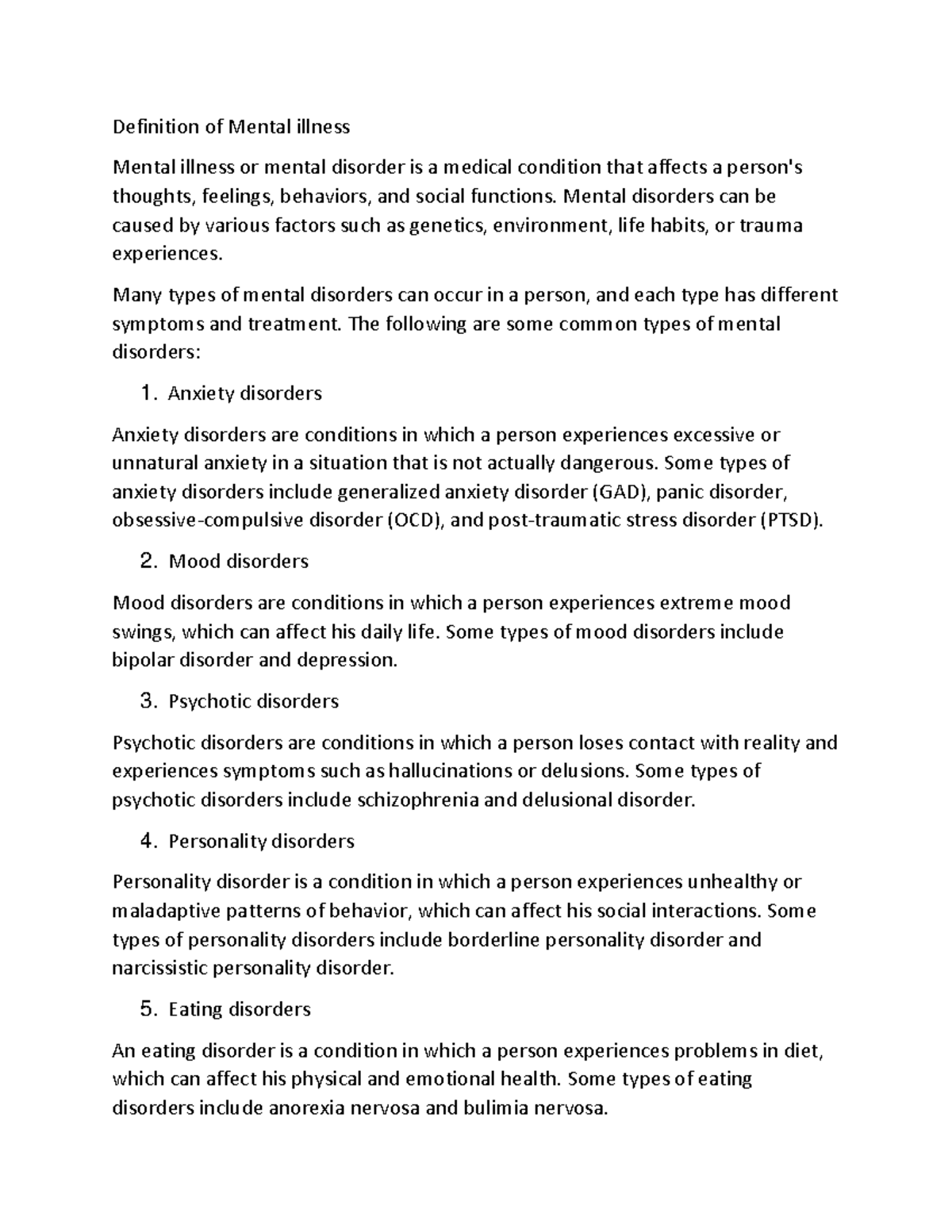 Understanding Mental Illness: Definitions and Types of Disorders - Studocu