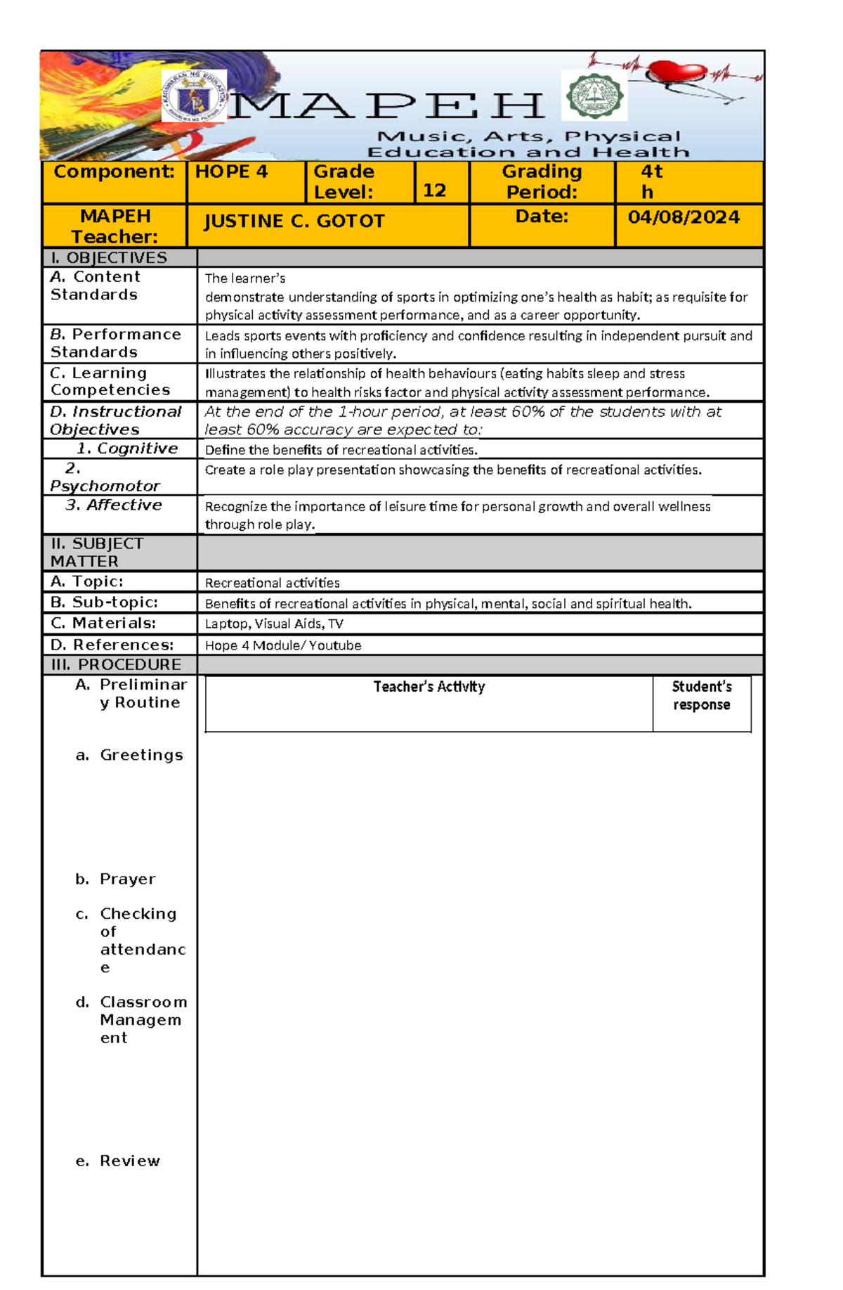 HOPE 4 Grade 12 Module 1 Lesson Plan: Benefits of Recreational ...