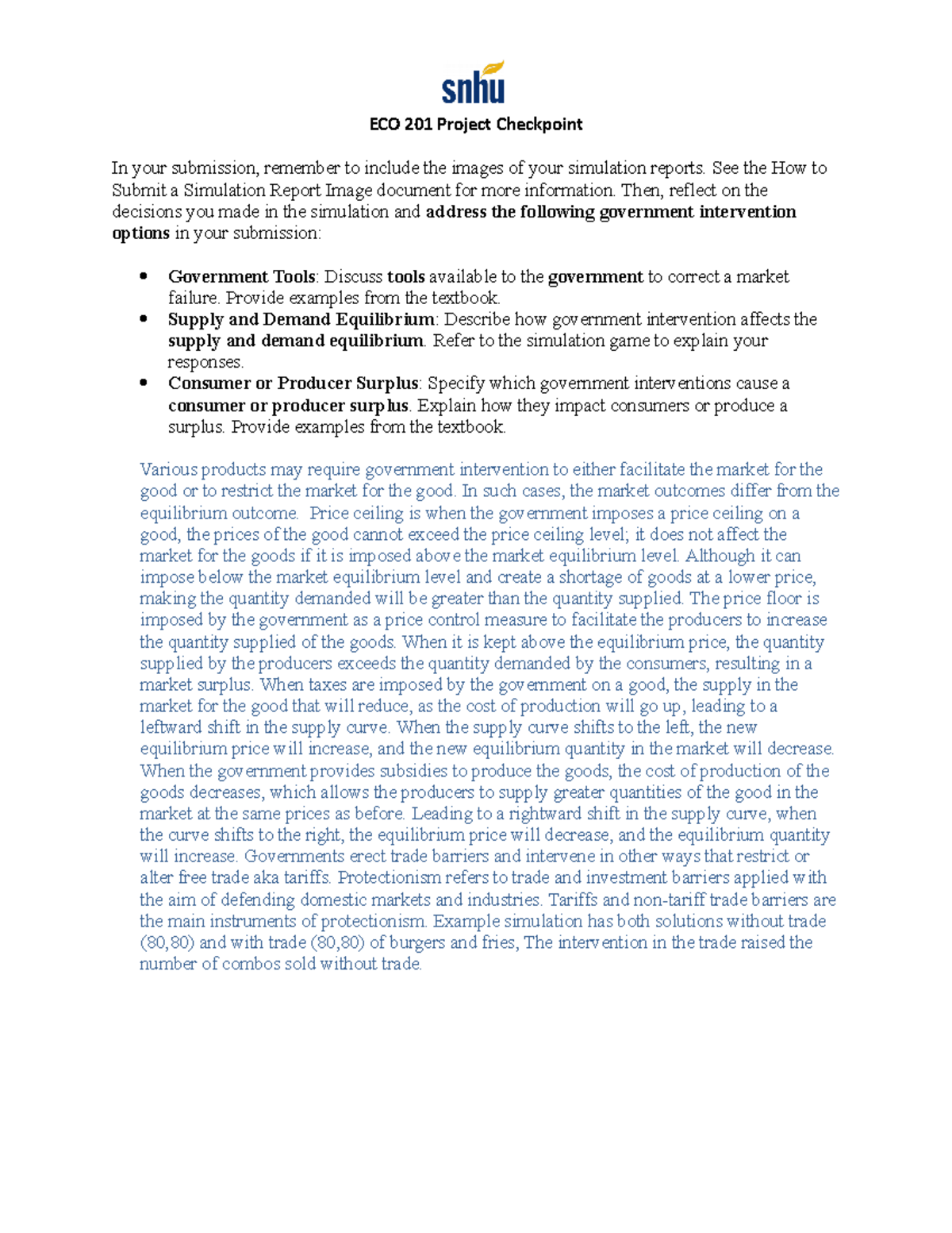 ECO 201 Project 4.2 Checkpoint - ECO 201 Project Checkpoint In your ...