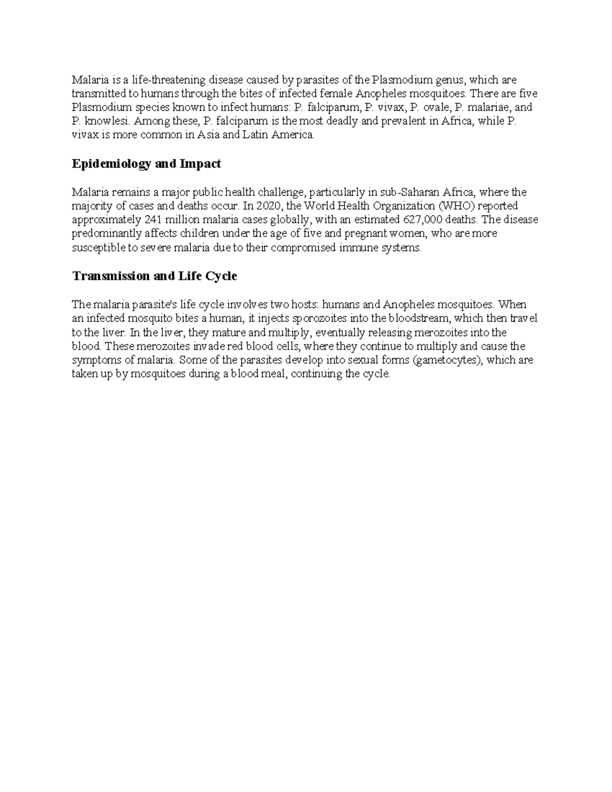 Malaria - Essay - Malaria is a life-threatening disease caused by ...