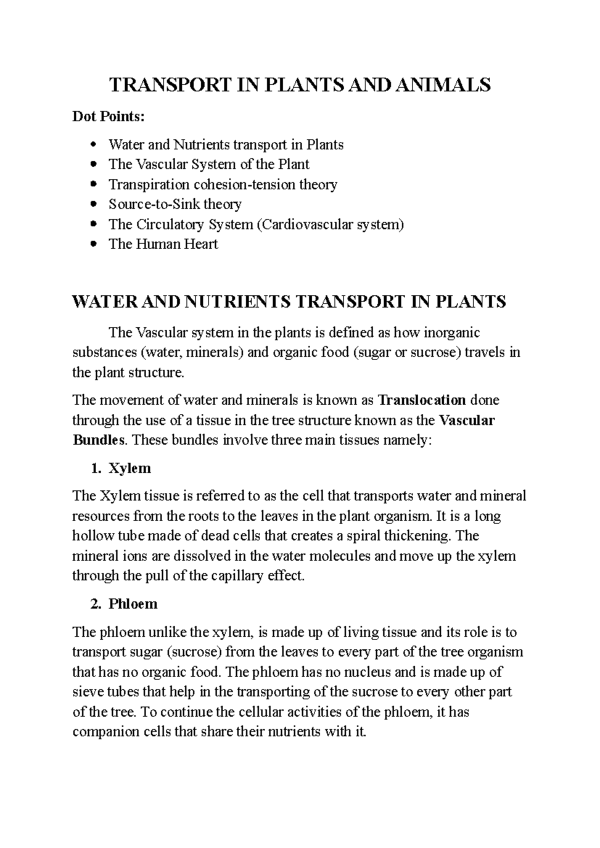 BIO101: Transport in Plants & Animals - Vascular & Circulatory Systems ...