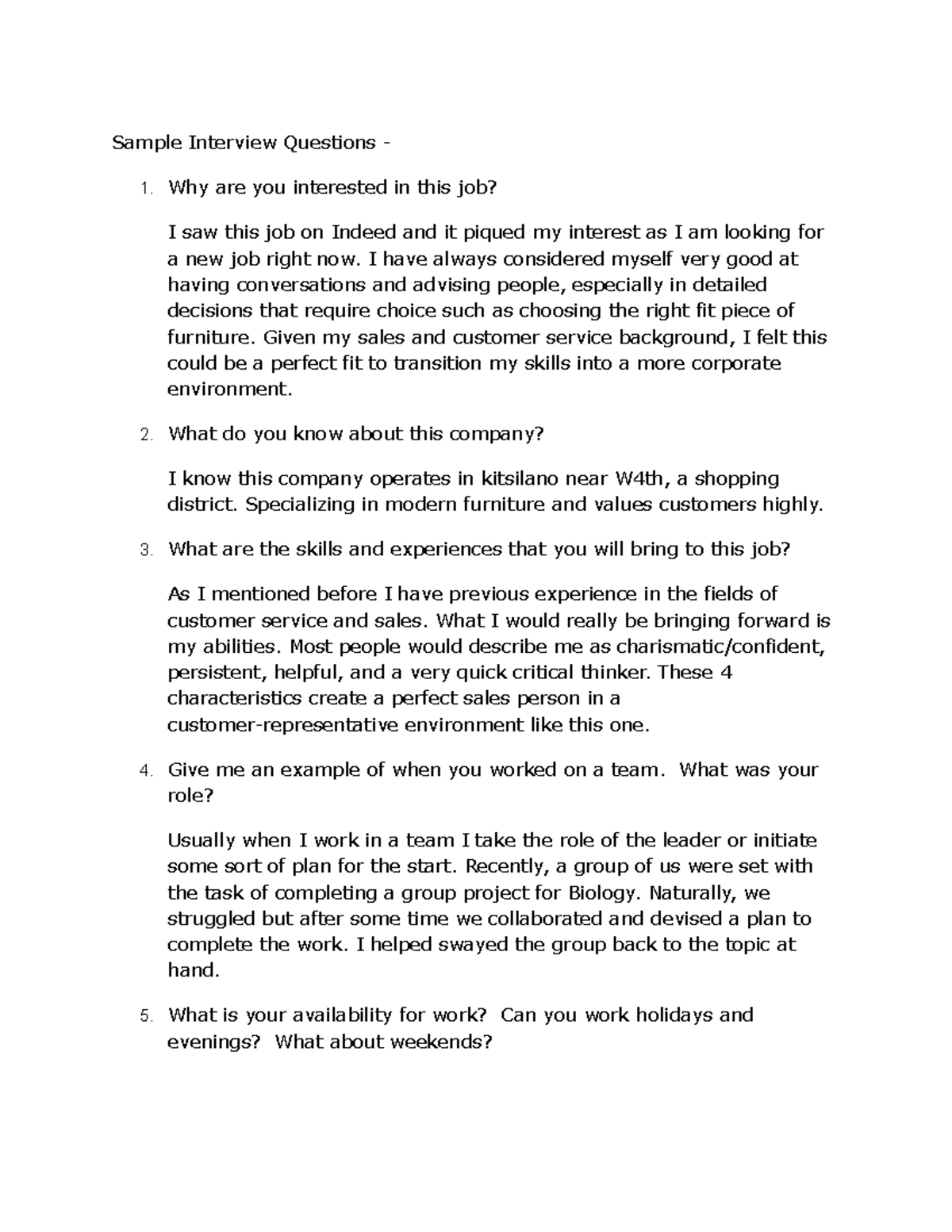 Sample Interview Questions for CLE 10 - Preparing for Job Interviews ...