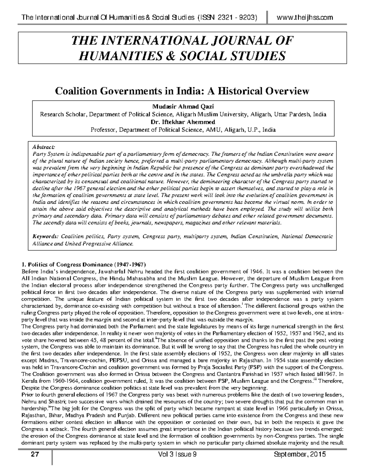 Coalition Government in India - THE INTERNATIONAL JOURNAL OF HUMANITIES ...
