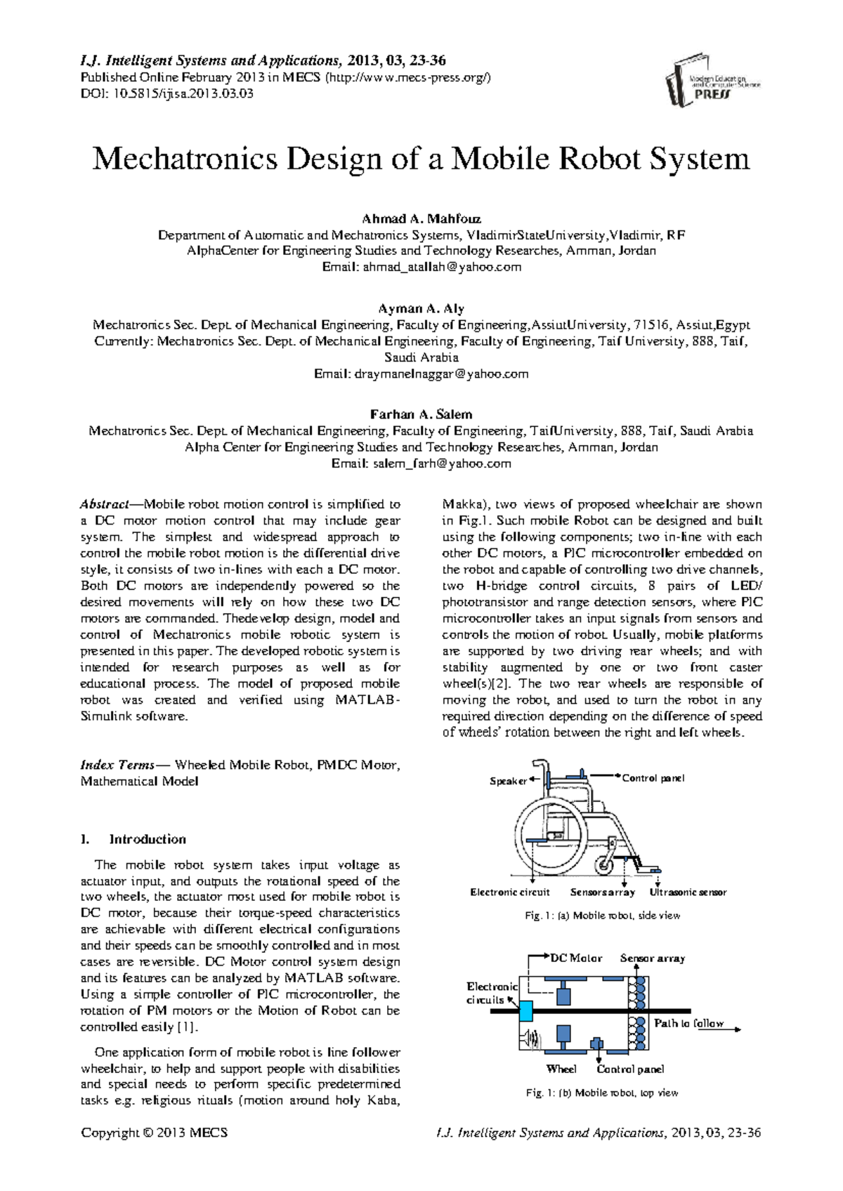 Mechatronics Design of a Mobile Robot System (I.J. 2013) - Studocu