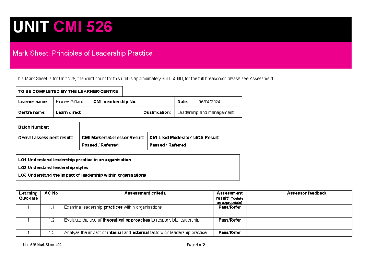 Unit 526 Mark Sheet: Principles of Leadership Practice Assessment - Studocu