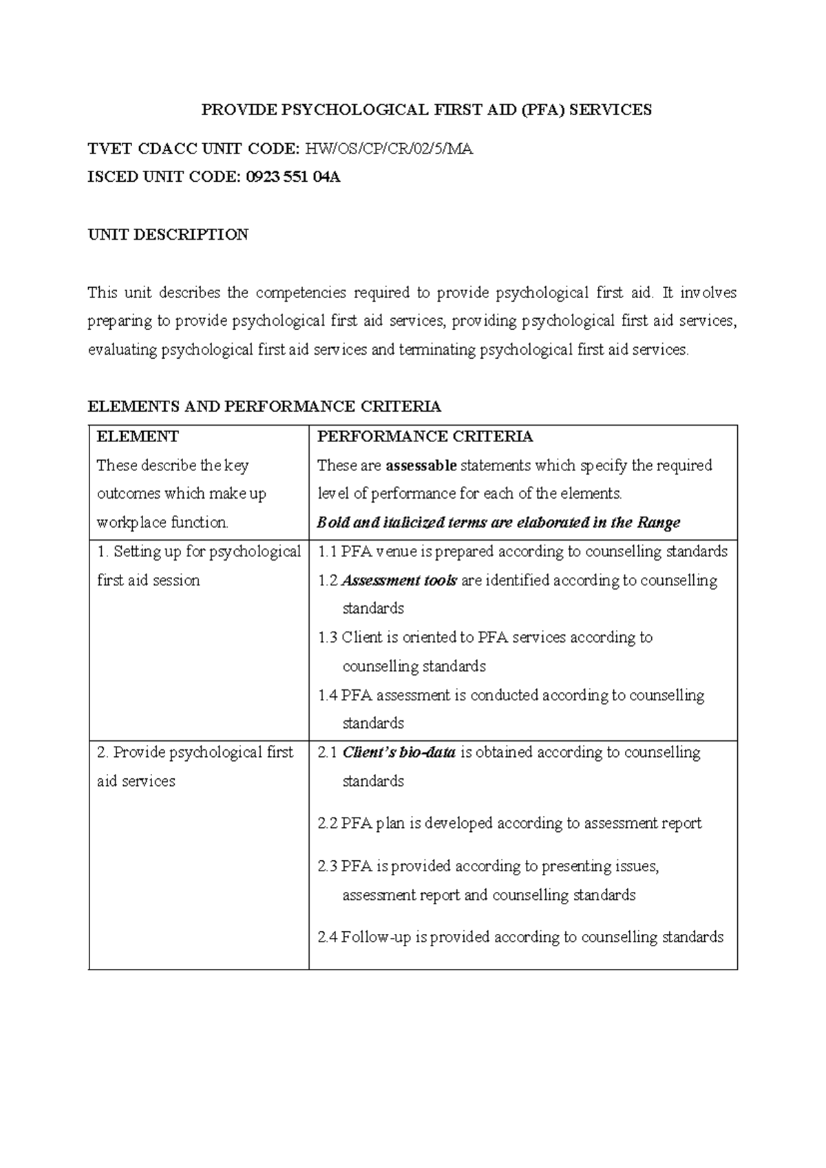 PFA Services Competency Standards - ISCED 0923 551 04A - Studocu