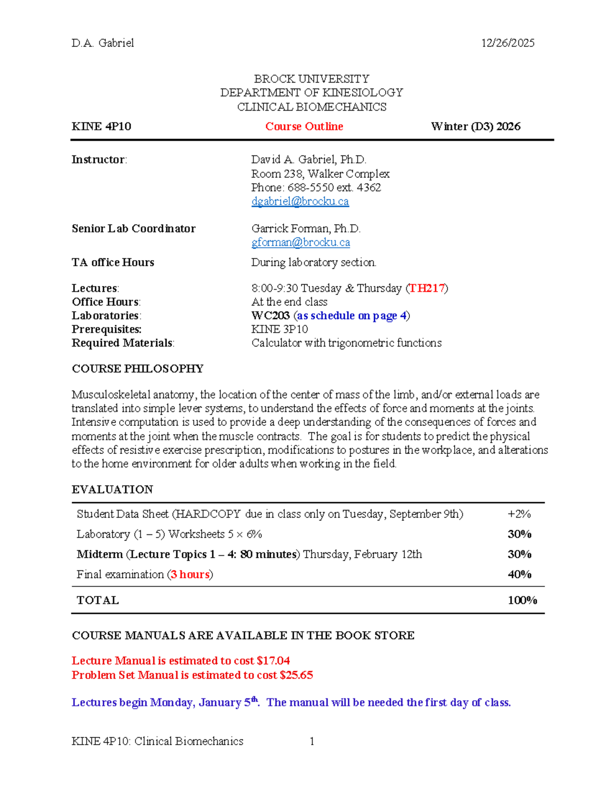 KINE 4P10: Clinical Biomechanics Course Syllabus Winter D3 2026 - Studocu