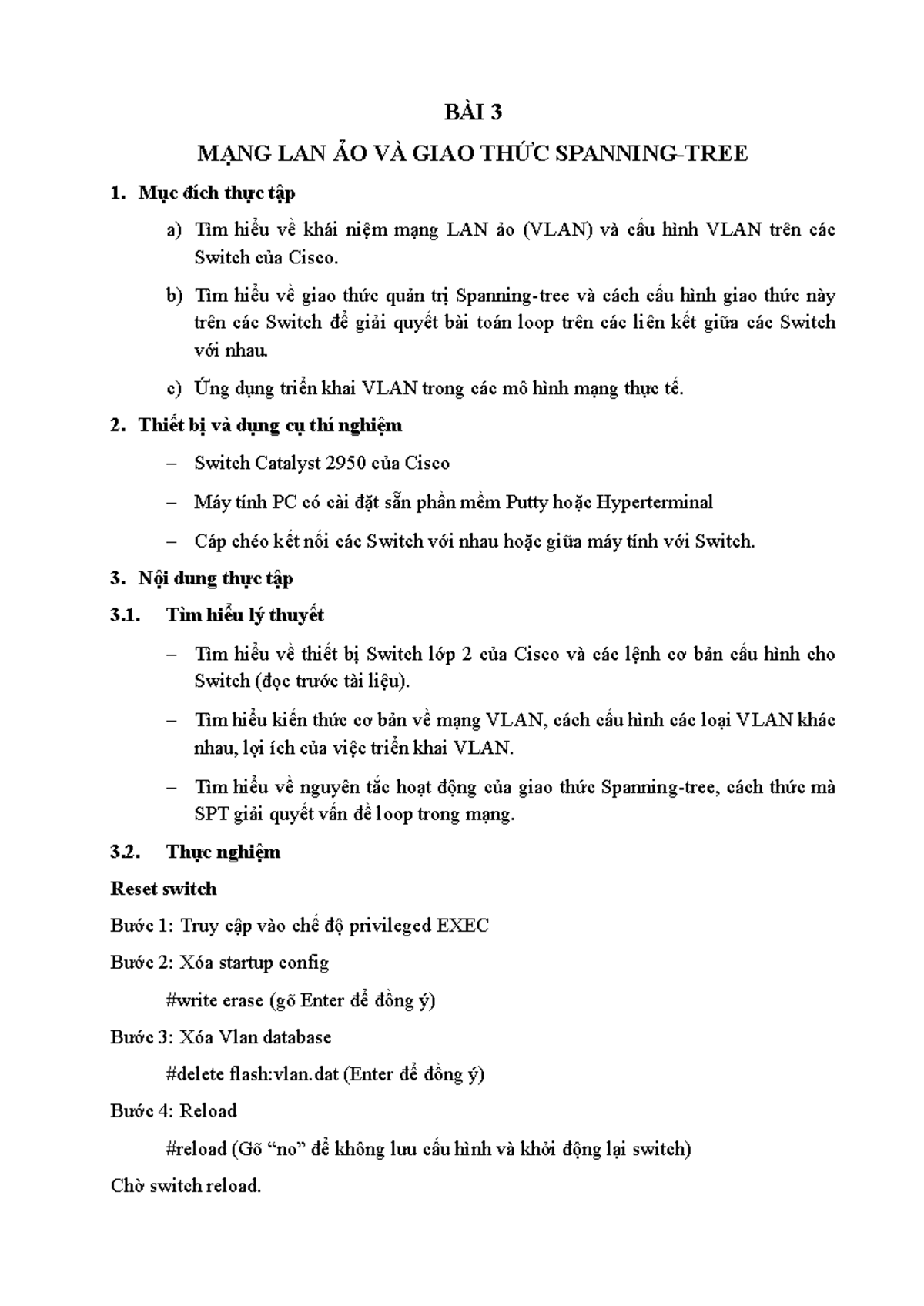 BÀI 3: THỰC TẬP VỀ VLAN VÀ GIAO THỨC SPANNING TREE - Studocu