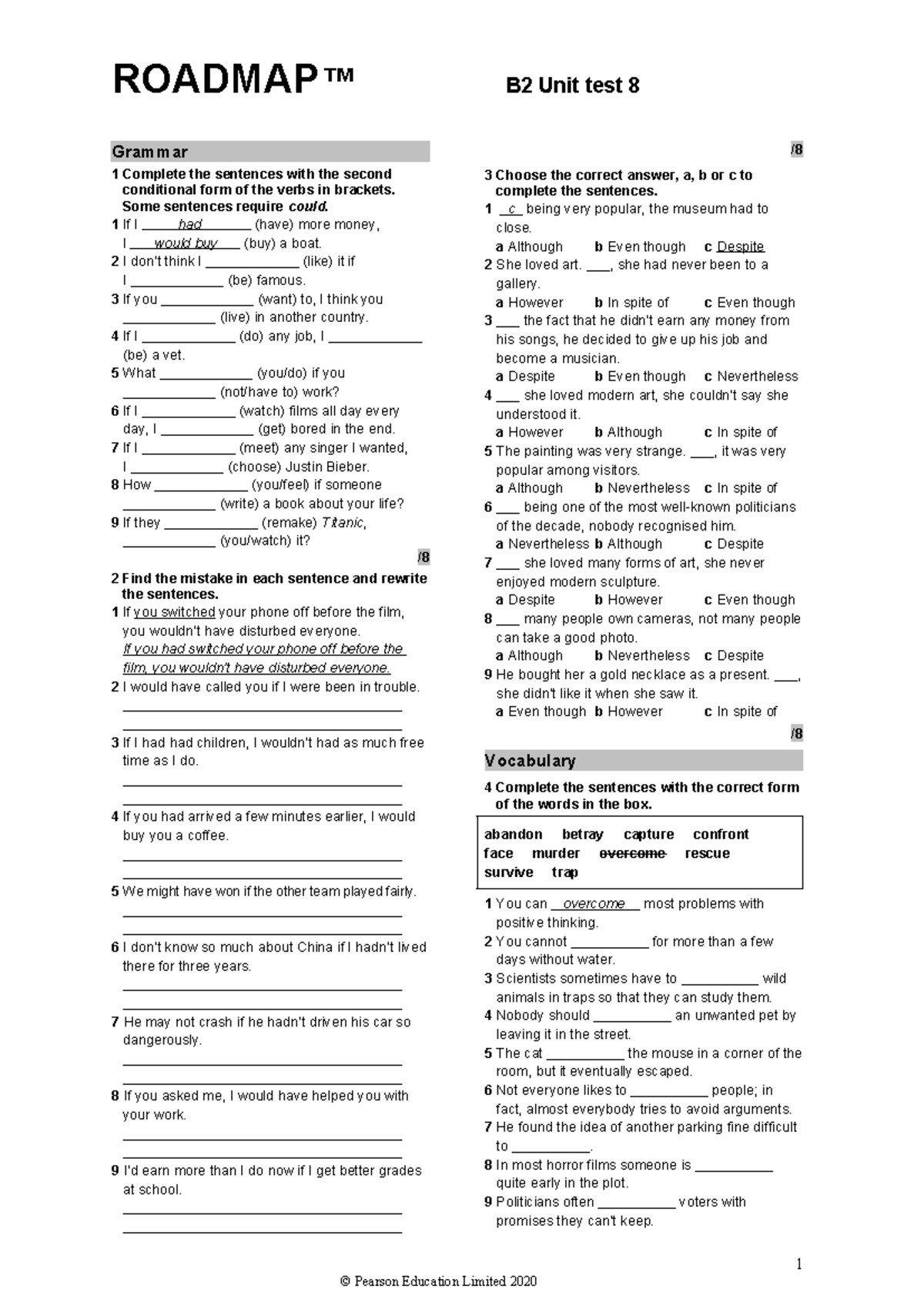 Unit test 8 (Word) - Examen de inglés - ROADMAP™ B2 Unit test 8 Grammar ...