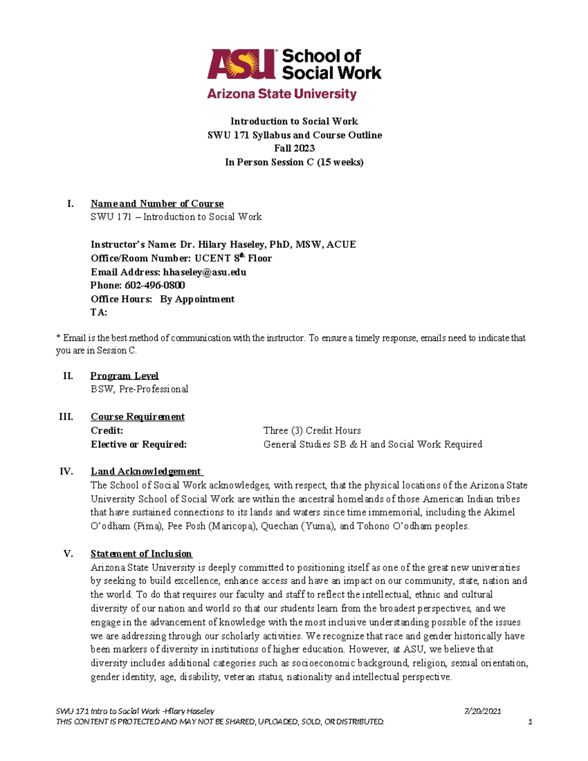 SWU 171 Fall 2023 Social Work Course Syllabus - Dr. Haseley - Studocu