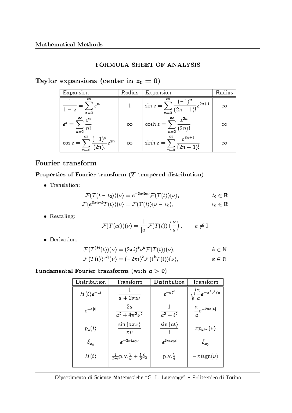 Mathematical Methods Formula Sheet: Analysis & Taylor Expansions - Studocu
