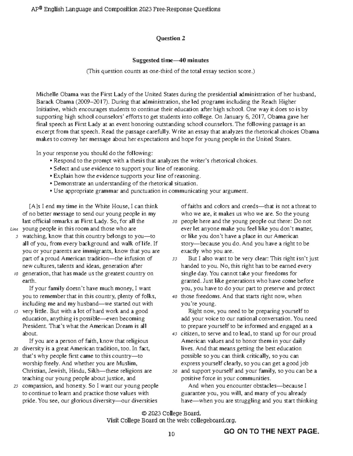 AP English Language & Comp 2023 Free-Response Q2: Michelle Obama's ...
