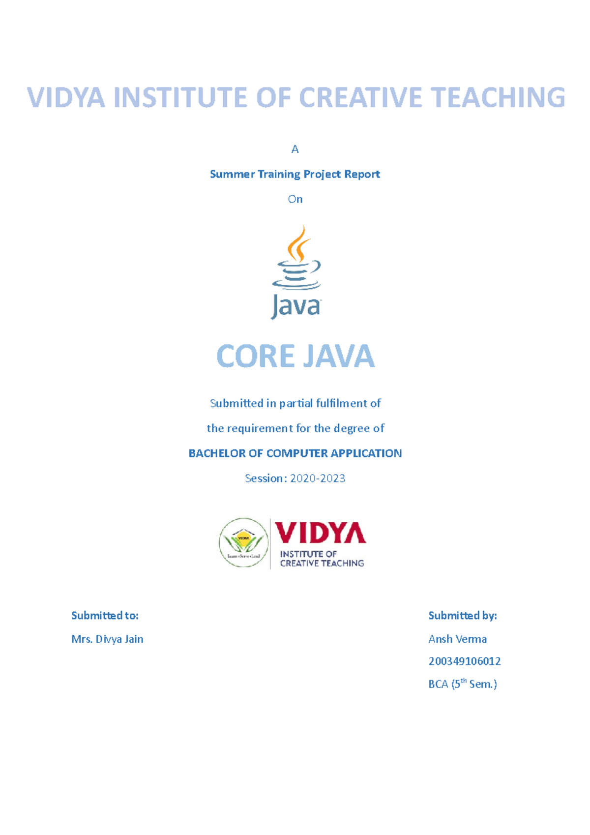 BCA 5th Sem. Summer Training Project Report on Core Java - Studocu