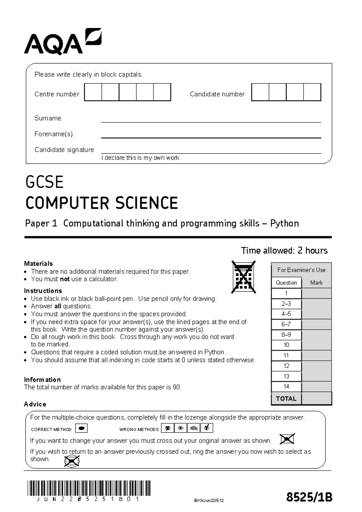GCSE COMPUTER SCIENCE Paper 1 June 2022 Exam Questions - Studocu