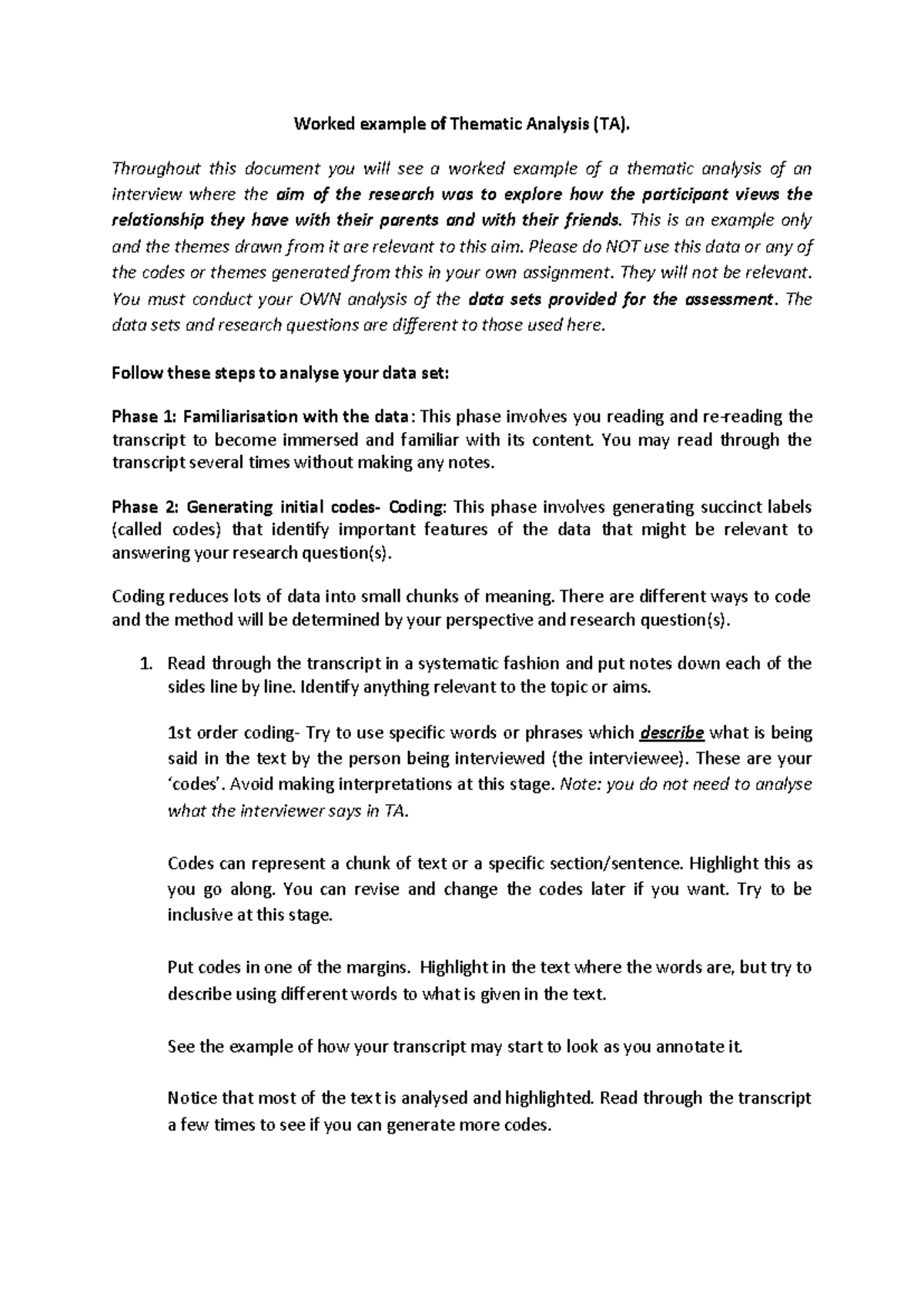 Worked Example of Thematic Analysis Stages 1 and 2 - Worked example of ...
