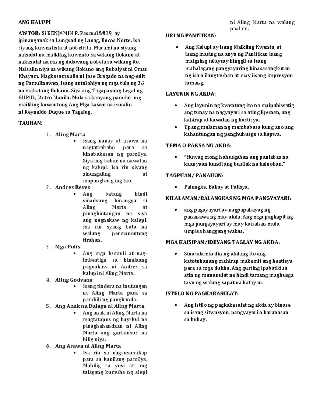 Filipino Reviewer - skujahdkjahsdkjashkdasda - ANG KALUPI AWTOR: Si ...