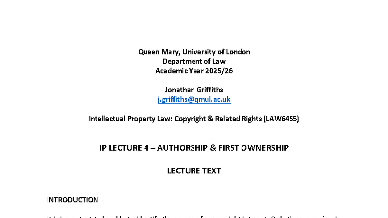 LAW6455 IP LECTURE 4: Authorship and First Ownership in Copyright - Studocu
