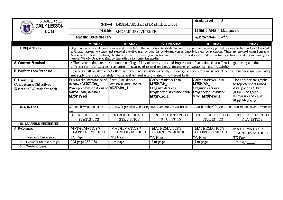 DLL-MATH 7 - Grade 9 Daily Learning Log for Statistics and Data ...
