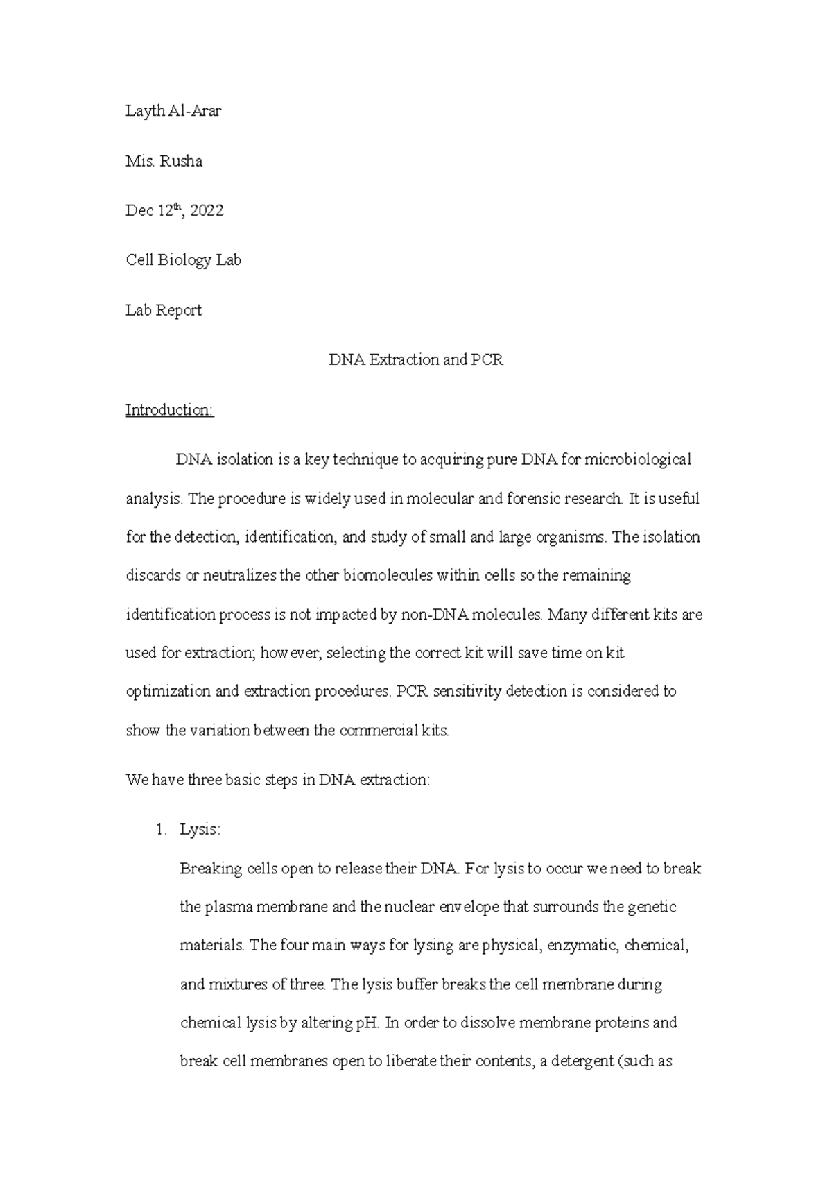 DNA Extraction Lab Report - Cell Biology (CBL 101) - Studocu